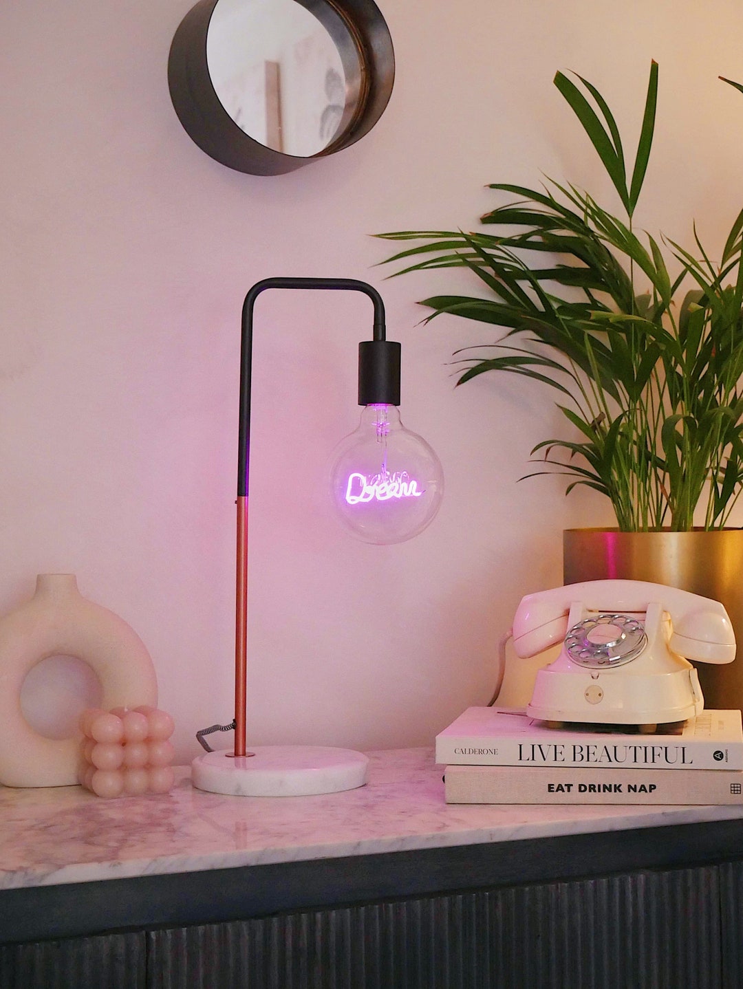 Pink LED Filament Table Lamp With Dream Text - Etsy UK