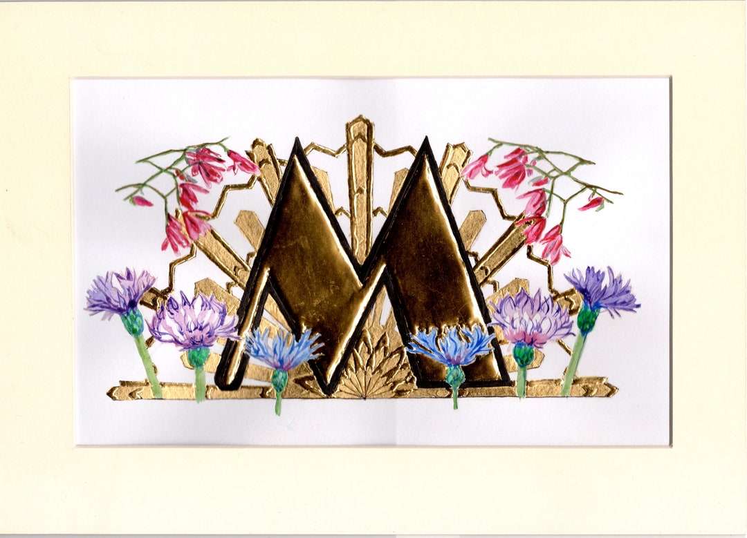 Art Deco Illuminated Letter M, 24 Karat Gold Floral Wall Art, Print of ...