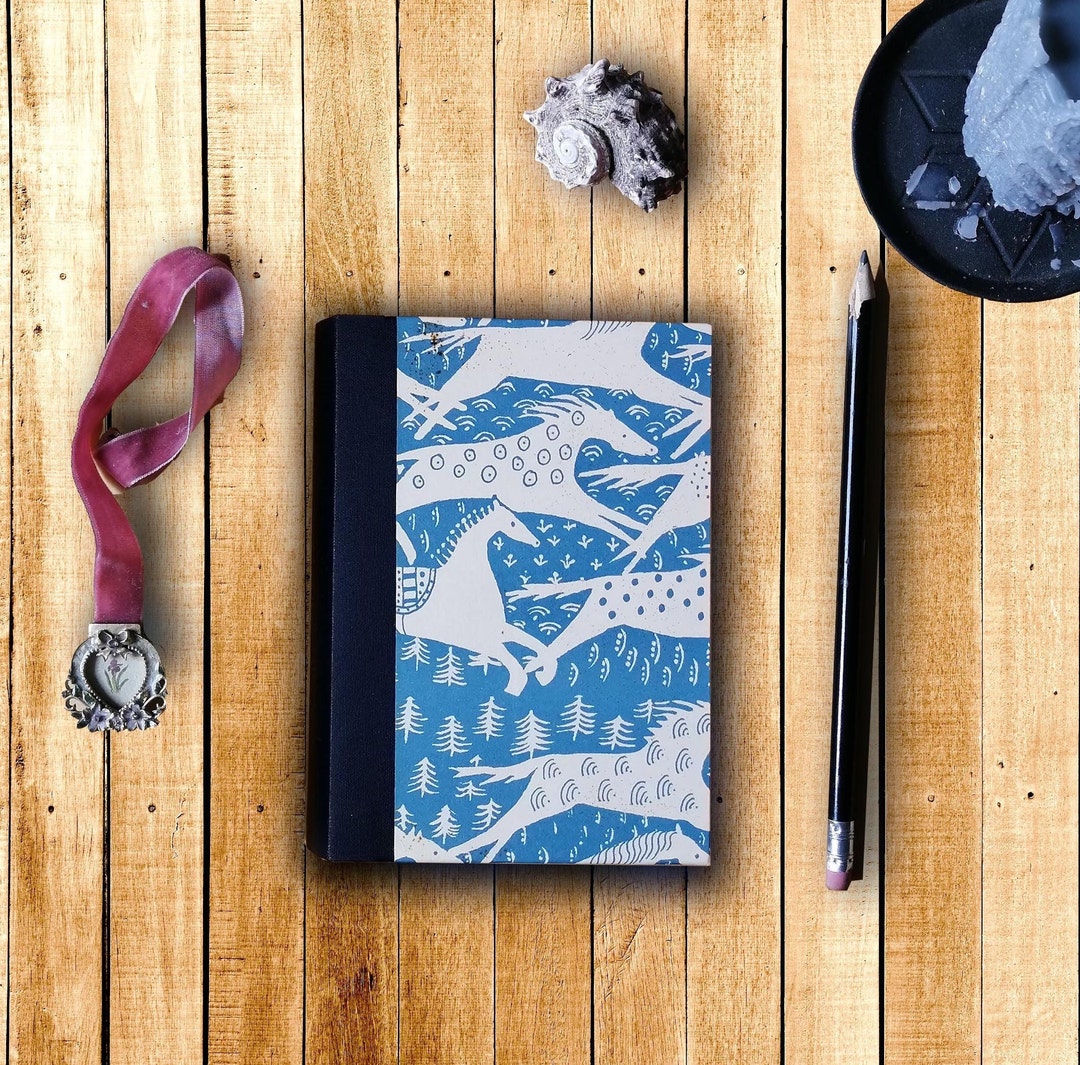 Hand Bound White Horses A6 Sketch Book, Blue Pocket Sized Notebook for ...