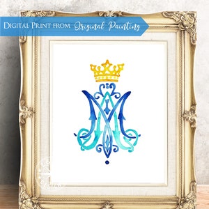 Mary Marian Monogram Watercolor Art Print Blue Gold Crown Auspice Maria ...