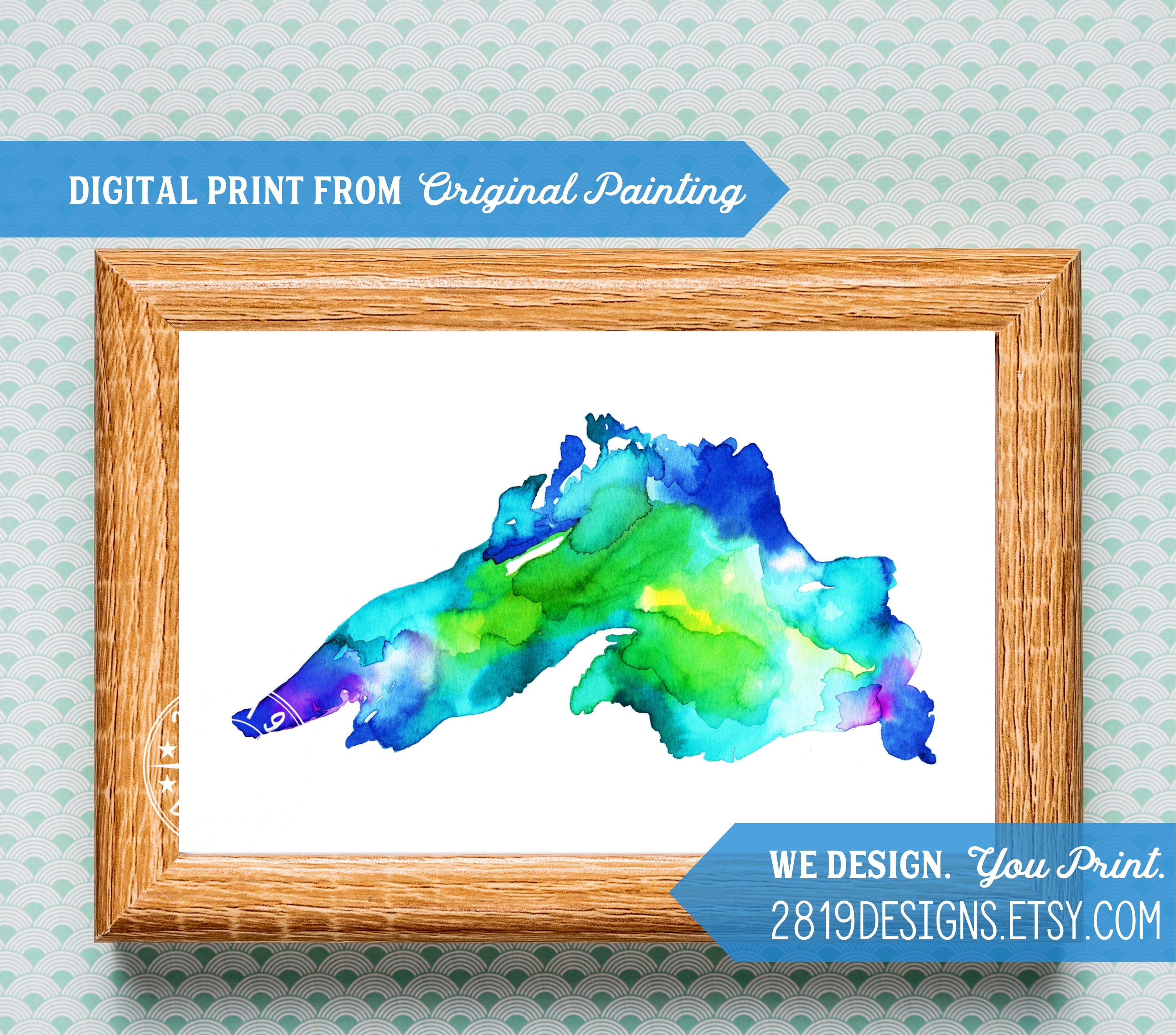 Lake Superior Watercolor Map Art Print, Blue Green Purple (digital ...