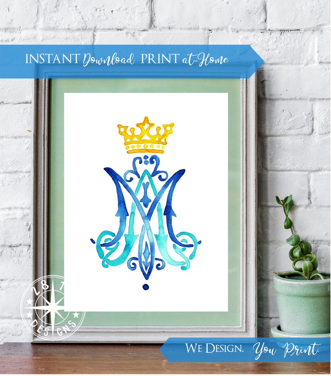 Mary Marian Monogram Watercolor Art Print Blue Gold Crown Auspice Maria ...