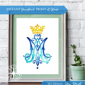 Auspice Maria Art Print, Blue & Gold Catholic Monogram With Mary's ...
