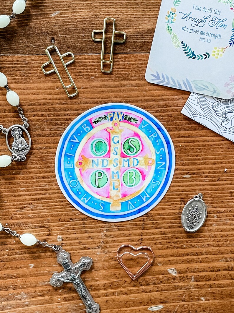 St Benedict Medal Sticker: Colorful Modern Catholic Watercolor Decal ...
