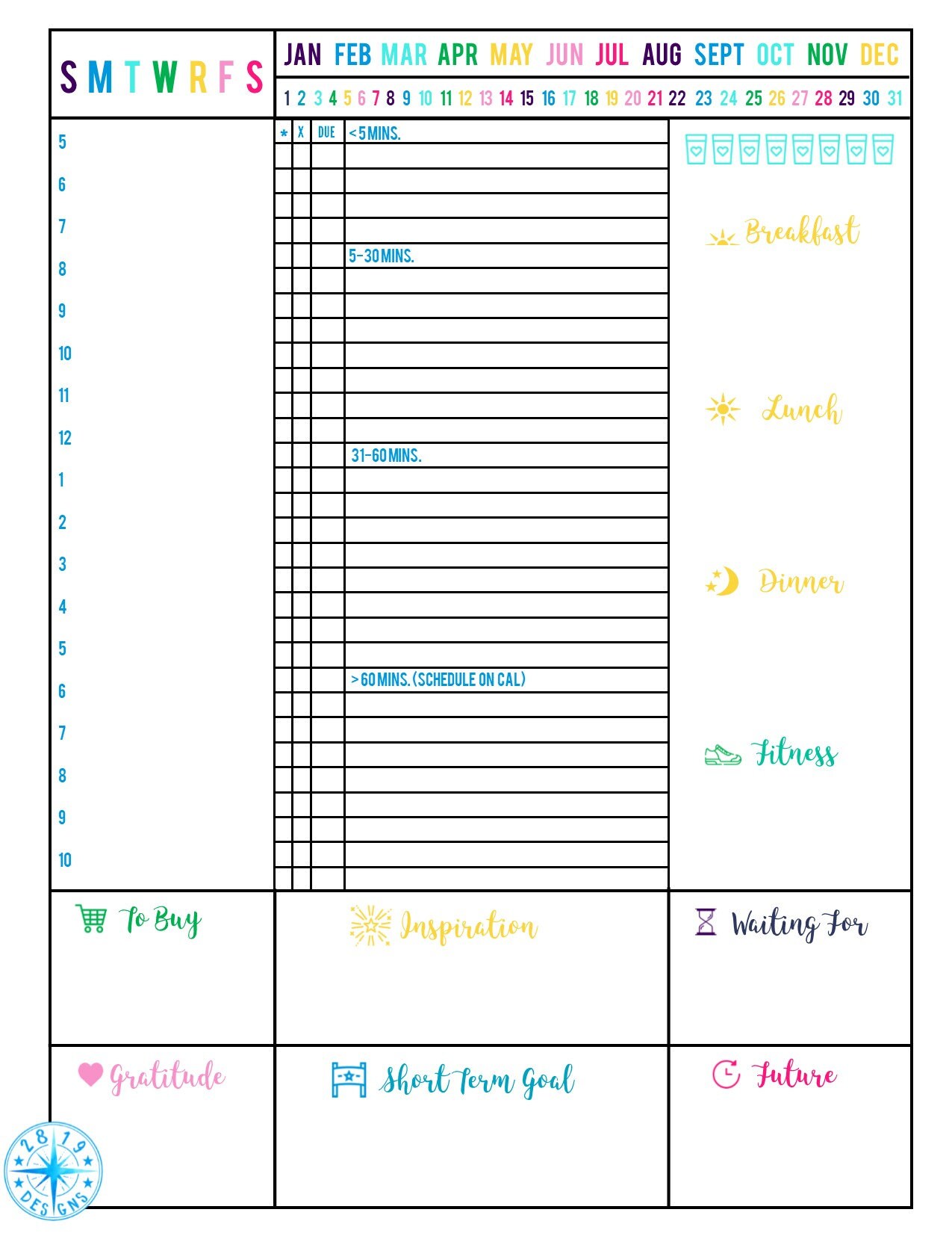 Planner Printable Daily Weekly Page Colorful Perpetual Daily ...