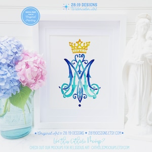 Mary Marian Monogram Watercolor Art Print Blue Gold Crown Auspice Maria ...