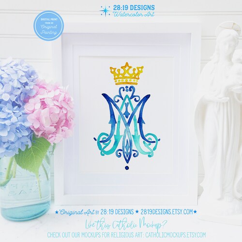 Mary Marian Monogram Watercolor Art Print Blue Gold Crown - Etsy