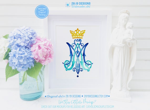 Mary Marian Monogram Watercolor Art Print Blue Gold Crown - Etsy