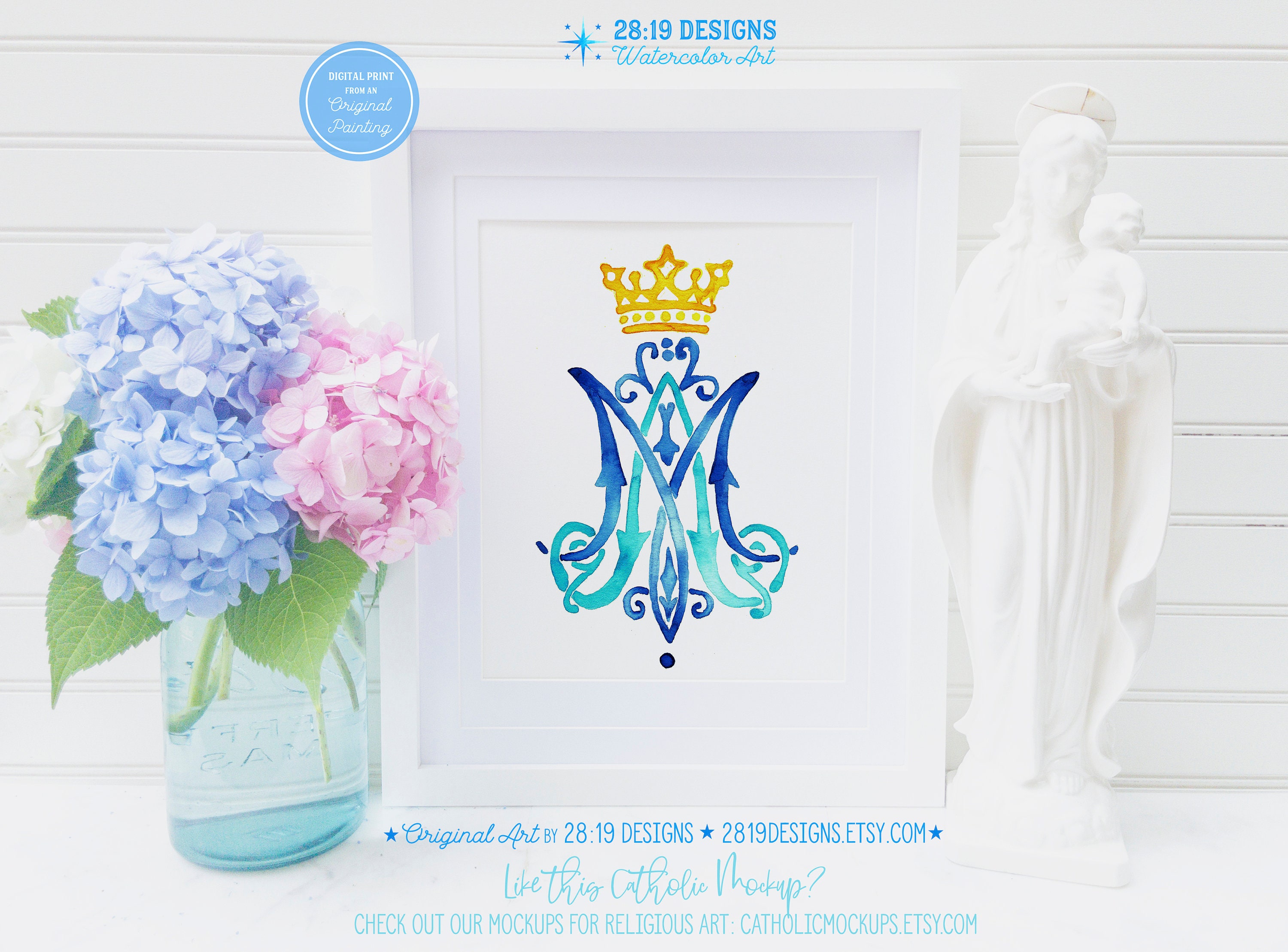 Auspice Maria Watercolor Art Print: Blue, Gold Crown (digital Download ...