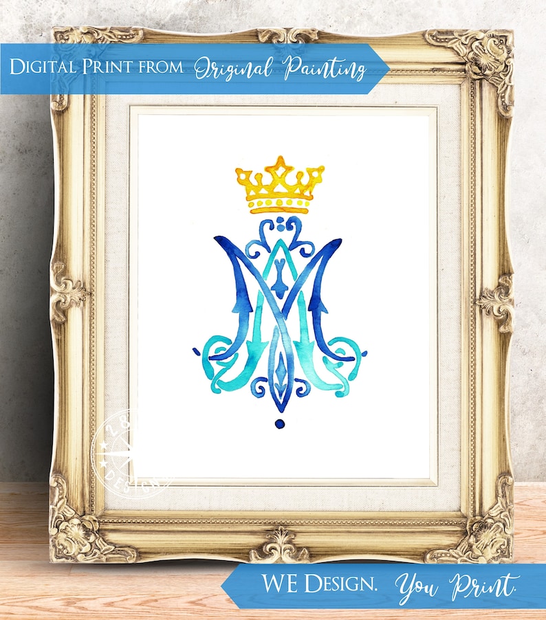Mary Marian Monogram Watercolor Art Print Blue Gold Crown | Etsy