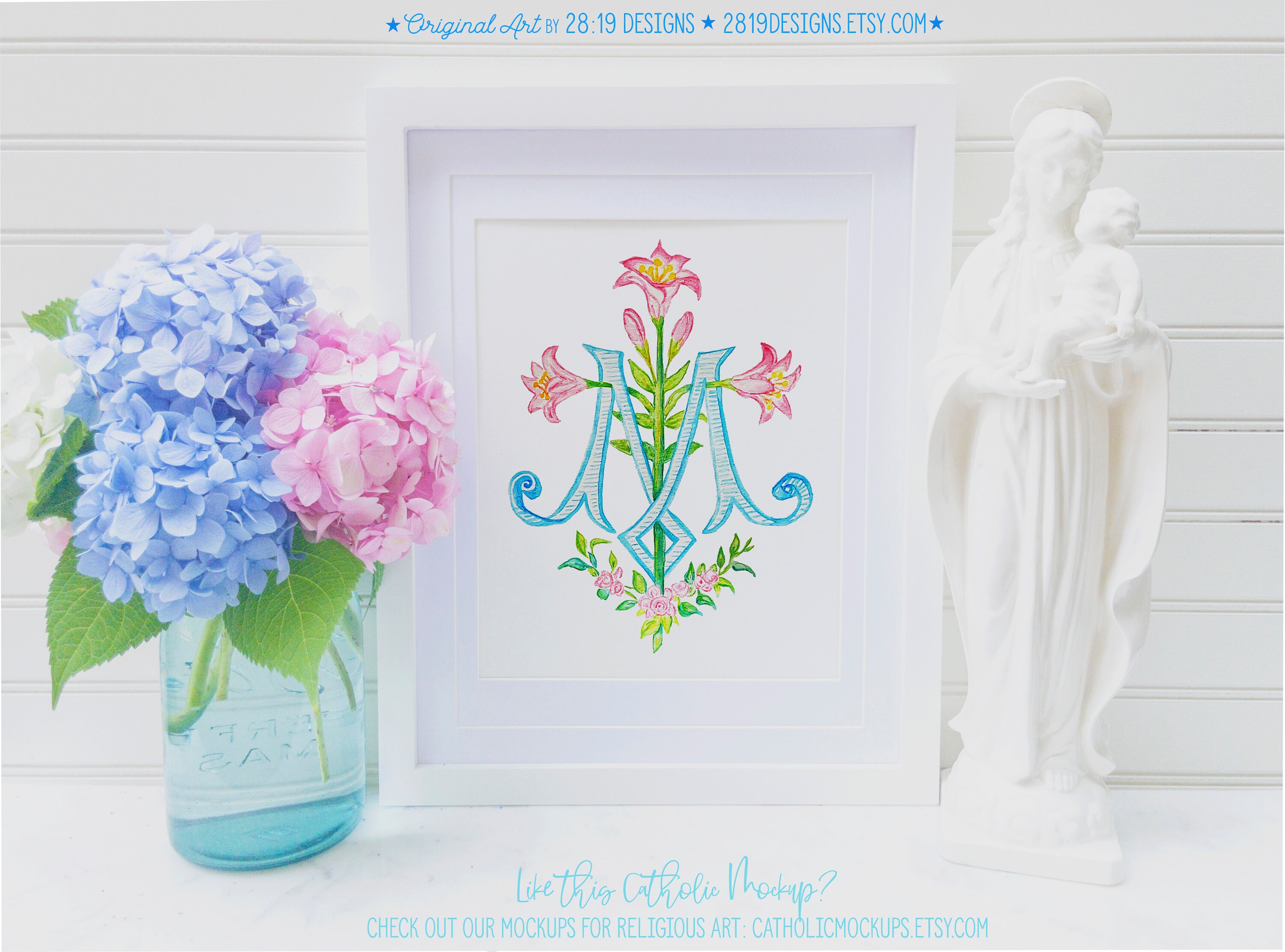 Marian Symbol Watercolor Print, Pink Lilies, Catholic Gift (digital ...