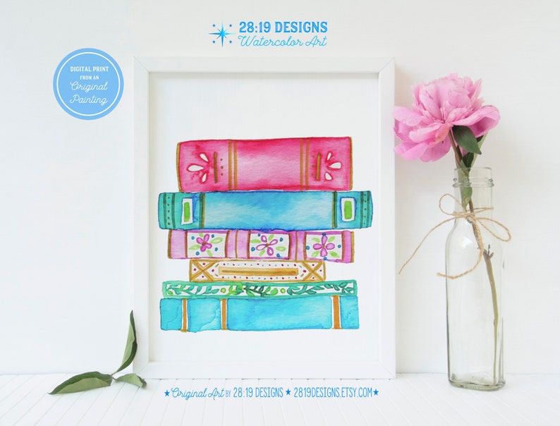 Hand Painted Watercolor Book Stack Art Print Printable Books Reading ...