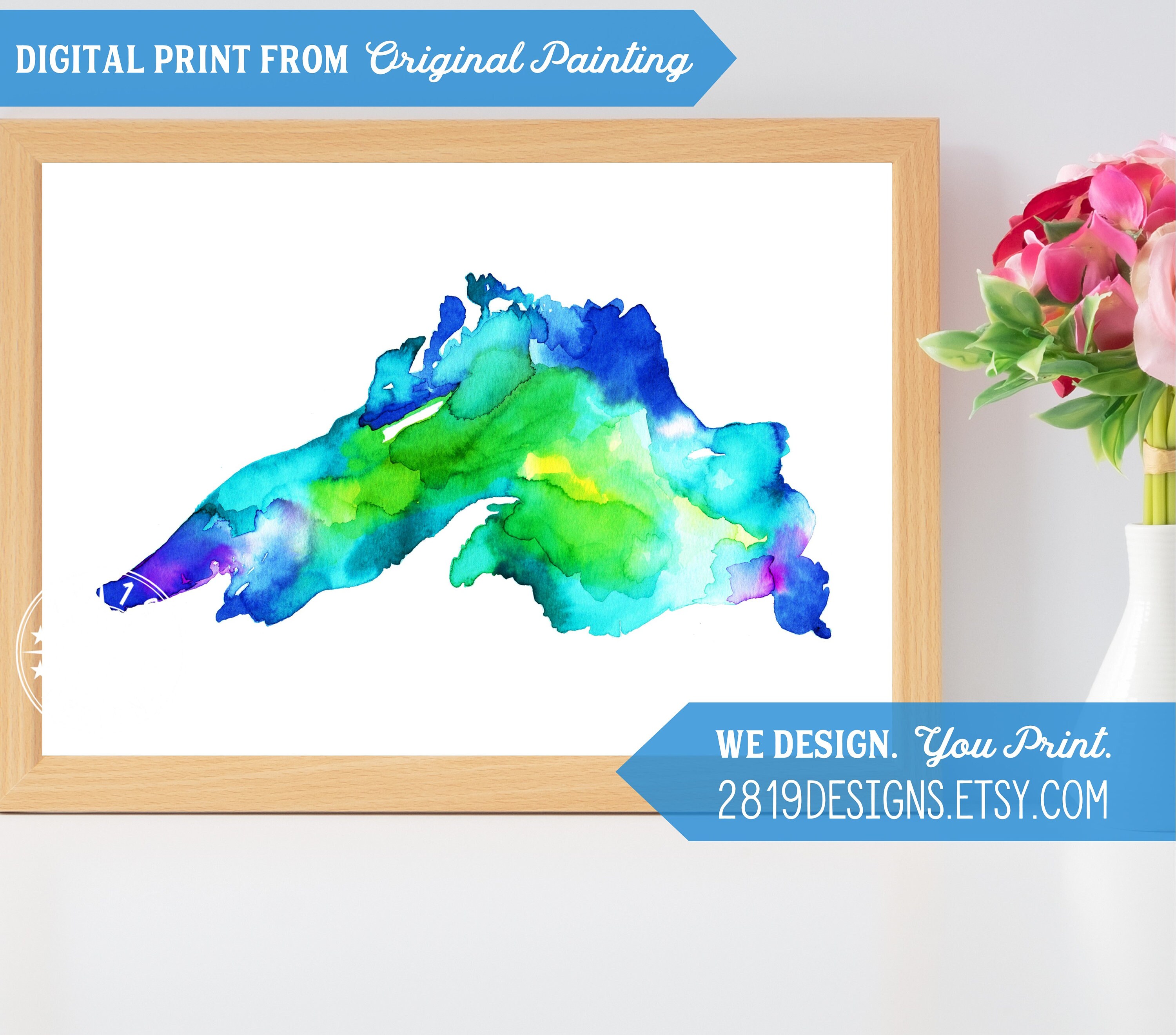 Lake Superior Watercolor Map Art Print, Blue Green Purple (digital ...