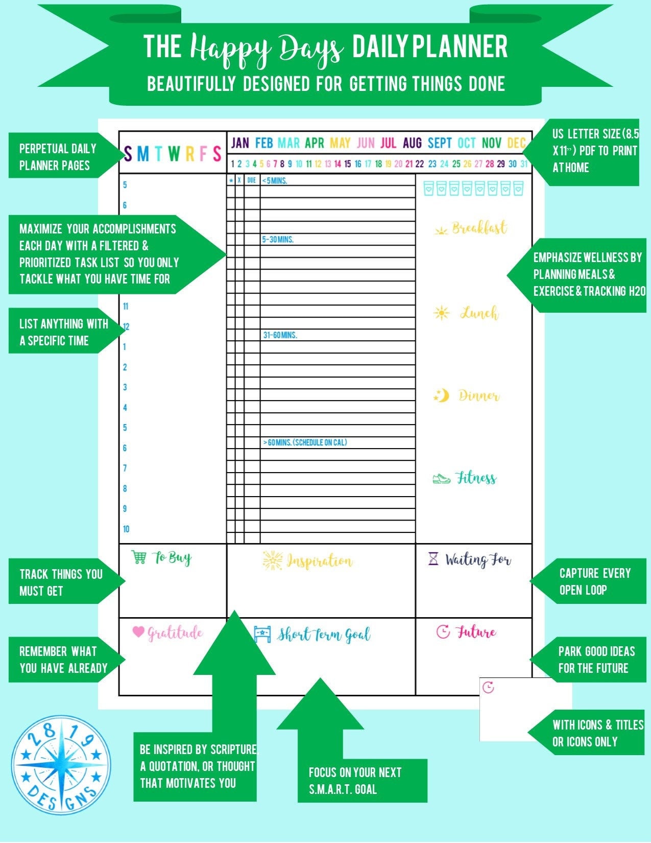 GTD Getting Things Done Planner Printable Colorful Perpetual Daily ...