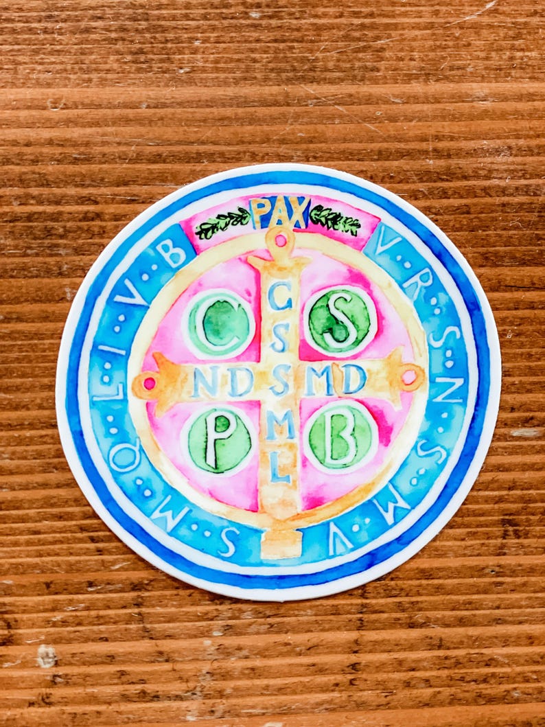 St Benedict Medal Sticker: Colorful Modern Catholic Watercolor Decal ...