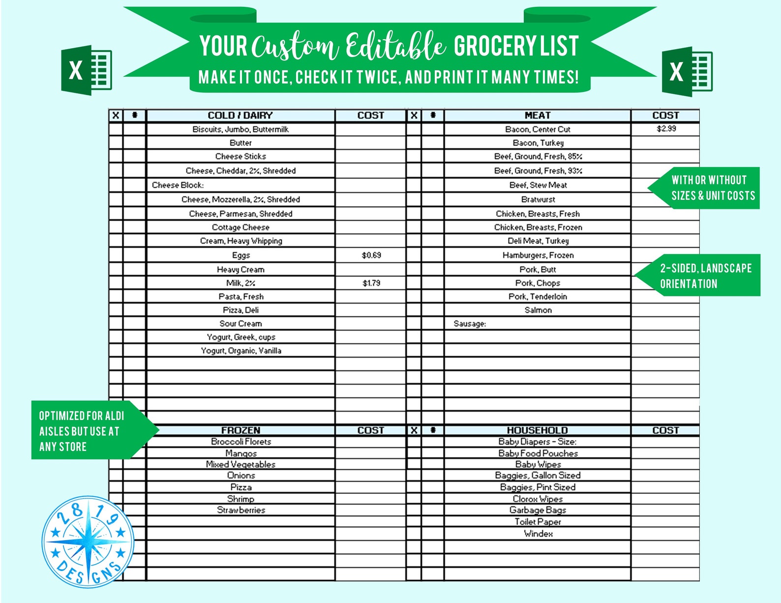 Editable Grocery Shopping List Excel Template | Printable Master ...