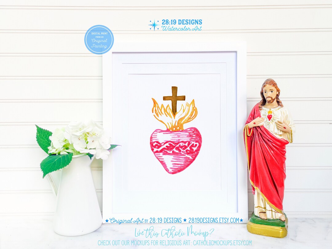Watercolor Red Sacred Heart of Jesus PRINTABLE Catholic Religious Art ...