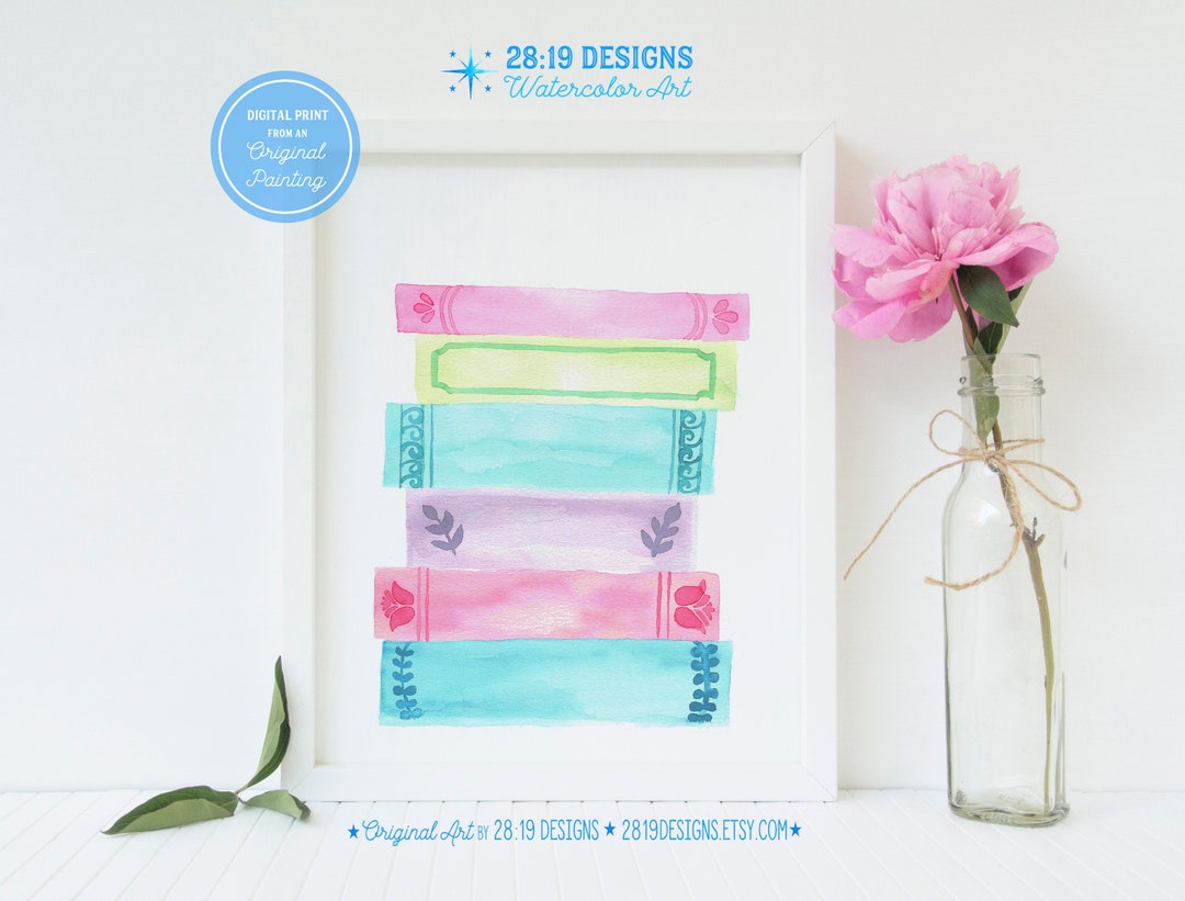 Book Stack Art Print Printable Watercolor Book Reading Lover Book ...