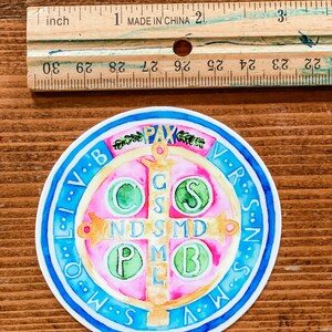 St Benedict Medal Sticker: Colorful Modern Catholic Watercolor Decal ...