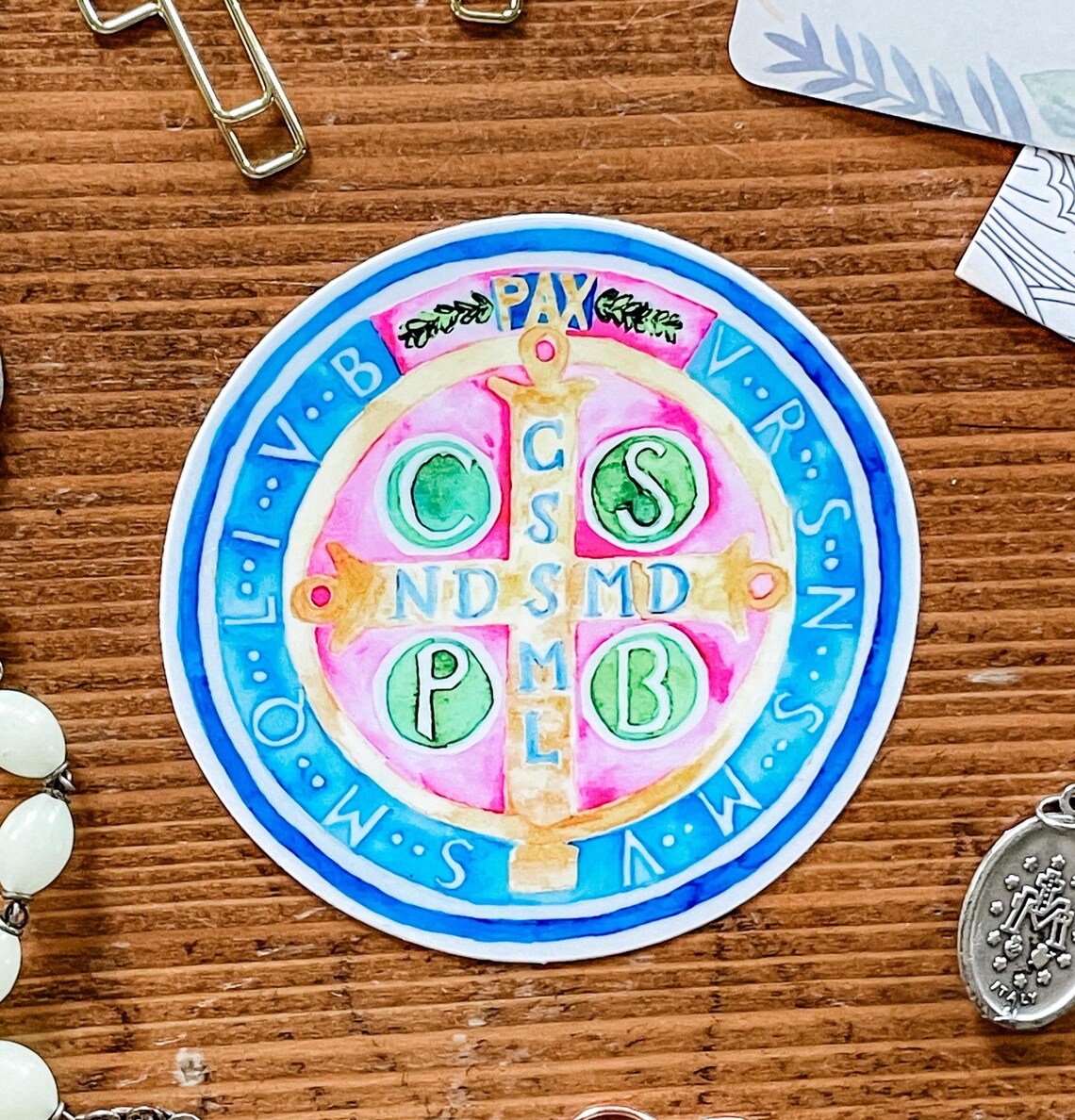 St Benedict Medal Sticker: Colorful Modern Catholic Watercolor Decal ...