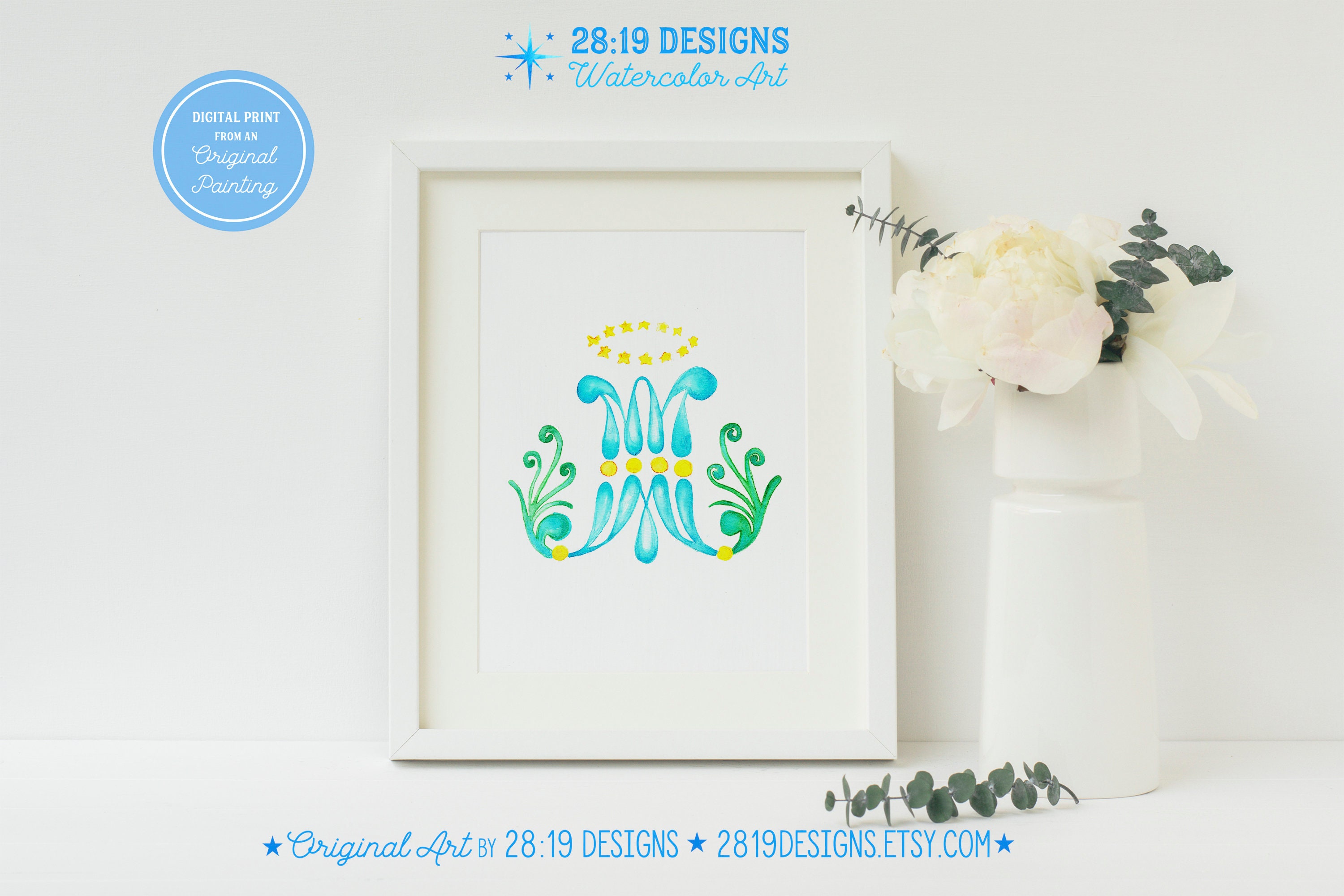 Auspice Maria Watercolor Art Print, Catholic Marian Monogram (digital ...