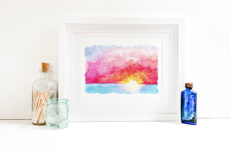 Watercolor Sunrise Beach Sea Water Lake Ocean Landscape Abstract ...