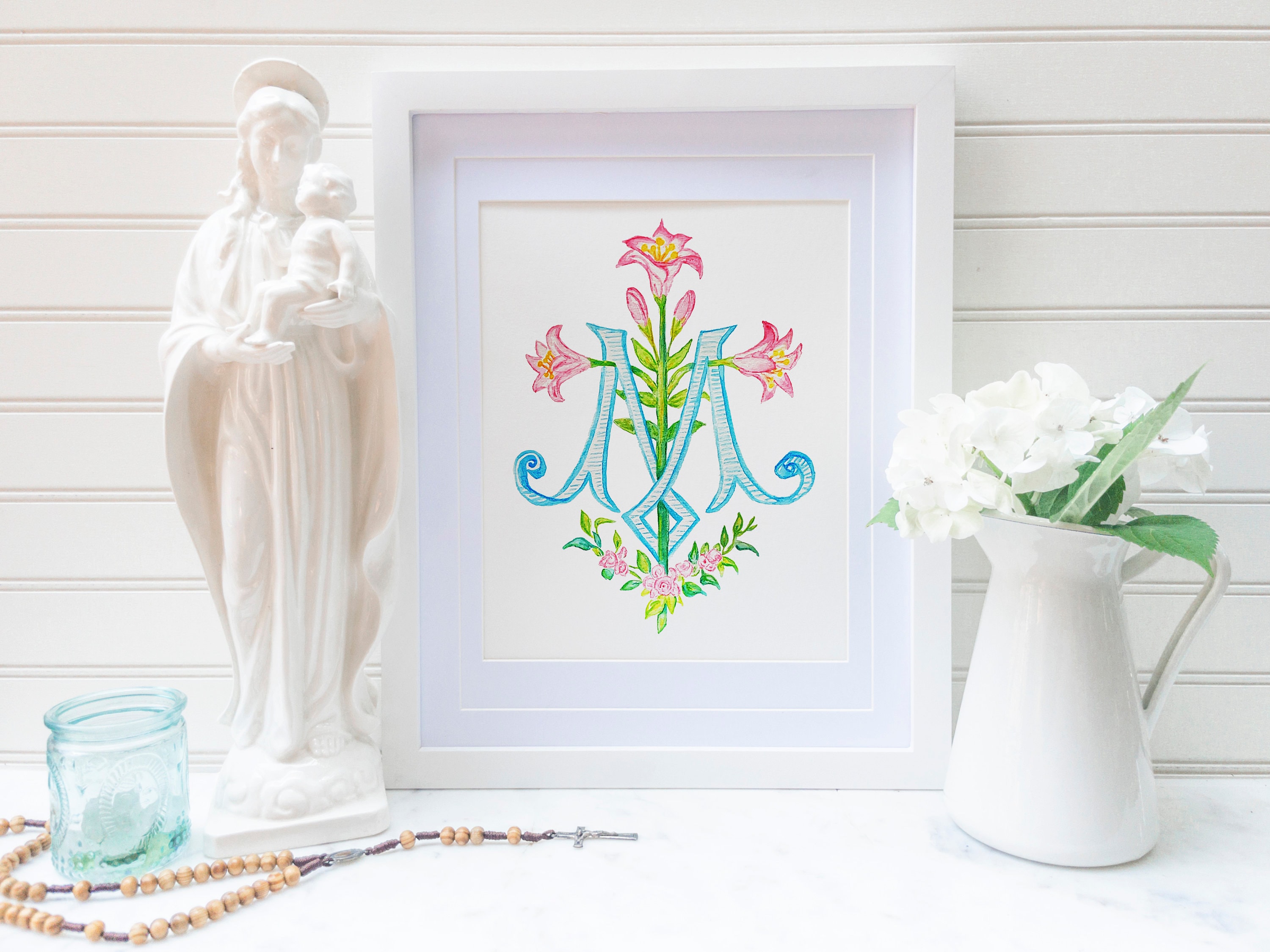 Marian Symbol Watercolor Print, Pink Lilies, Catholic Gift (digital ...