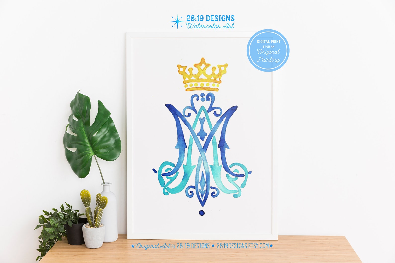 Mary Marian Monogram Watercolor Art Print Blue Gold Crown - Etsy