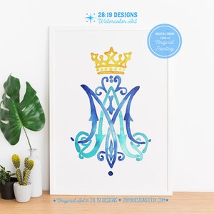 Mary Marian Monogram Watercolor Art Print Blue Gold Crown Auspice Maria ...