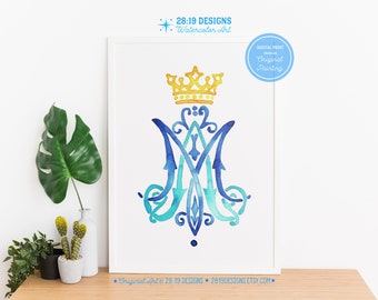 Mary Marian Monogram Watercolor Art Print Blue Gold Crown Auspice Maria ...