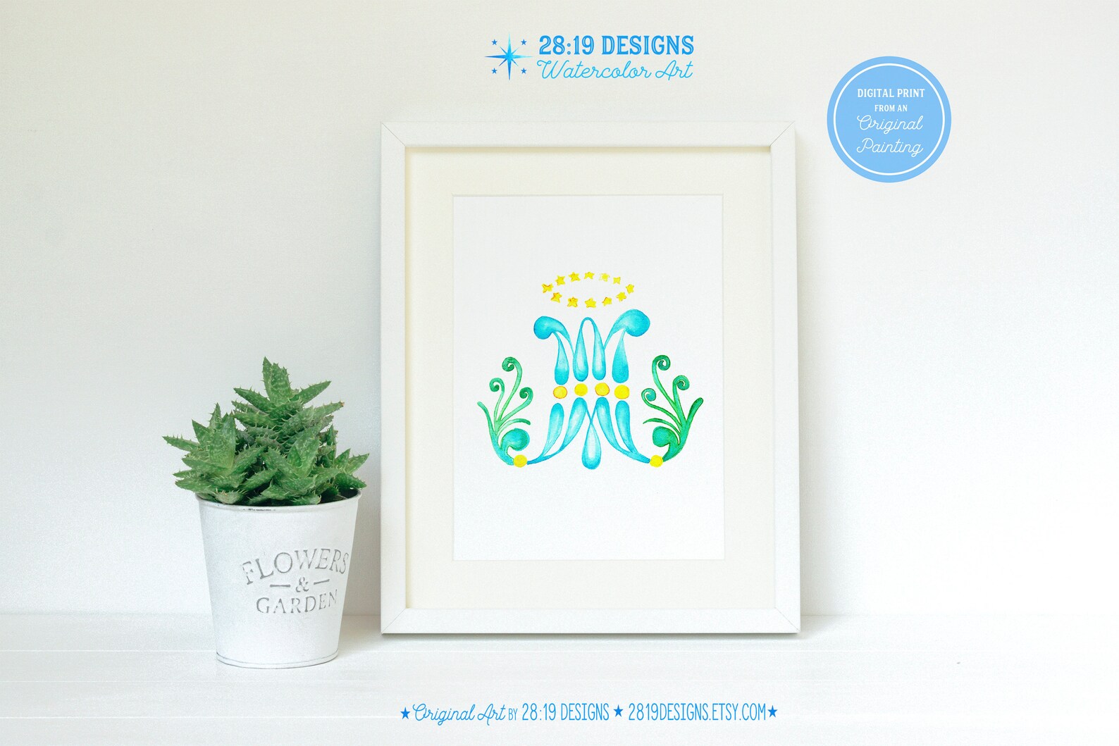 Mary Marian Auspice Maria Monogram Watercolor Art Print Blue - Etsy