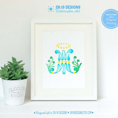 Mary Marian Auspice Maria Monogram Watercolor Art Print Blue - Etsy