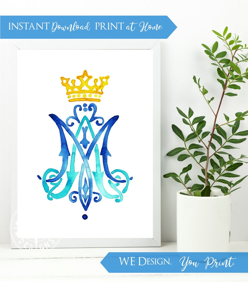 Mary Marian Monogram Watercolor Art Print Blue Gold Crown Auspice Maria ...
