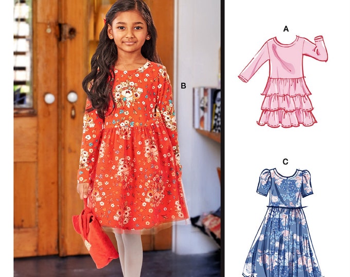 Sewing Pattern Girls' Dress Pattern, Girls' Long Sleeve Knit Dress ...