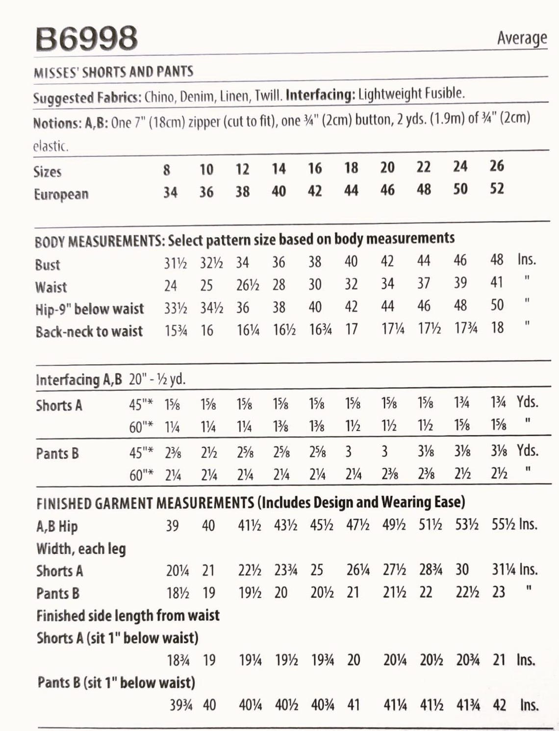 Sewing Pattern Women's Pants Pattern, Misses Shorts Pattern, Butterick ...