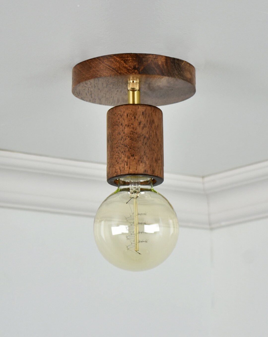 Wood Flush Mount Lamp - Walnut and Brass Lighting - Ceiling Mount Light ...