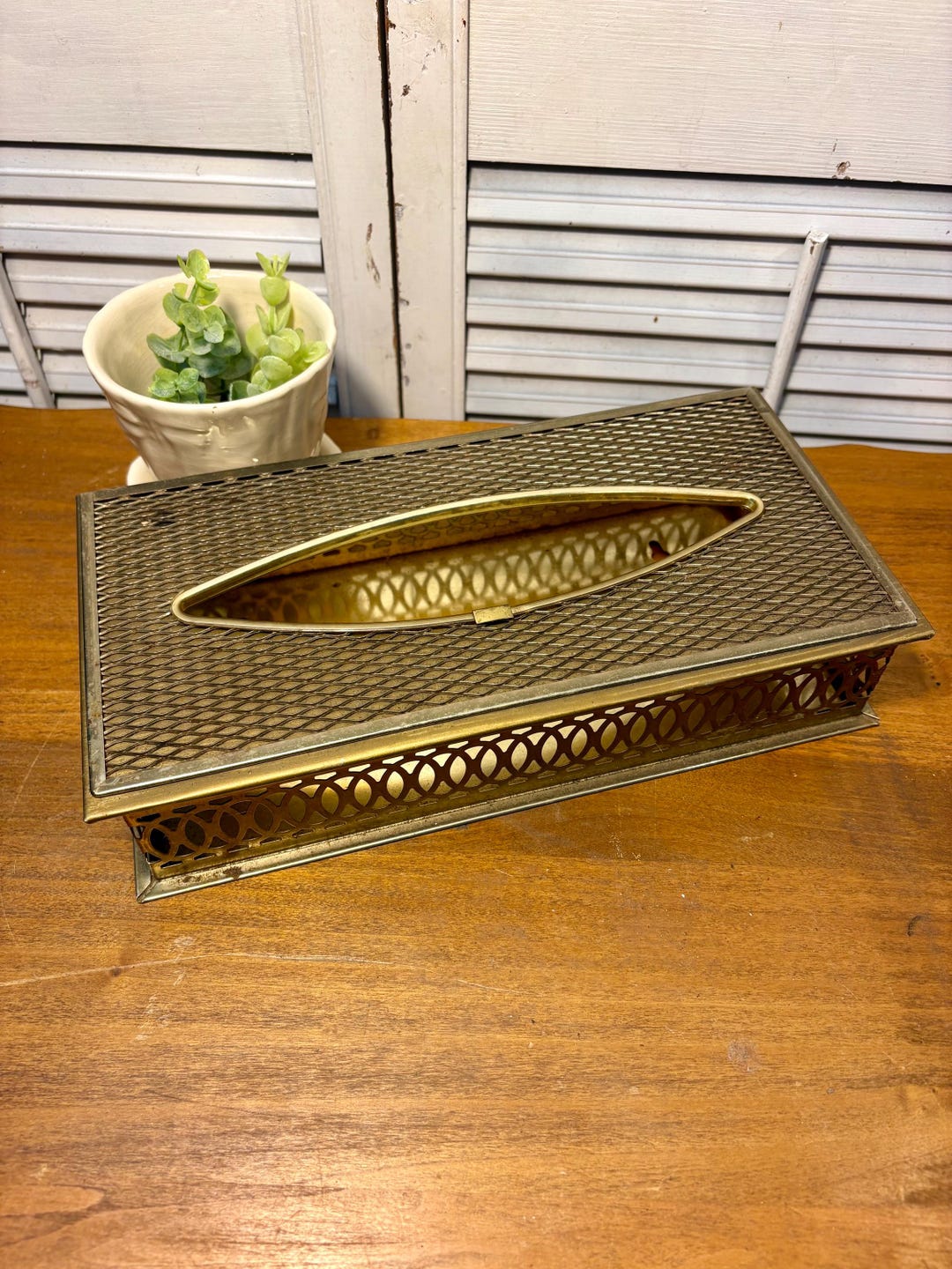 Vintage Gold Metal Tissue Box Cover, Kleenex Box Holder, Mesh ...