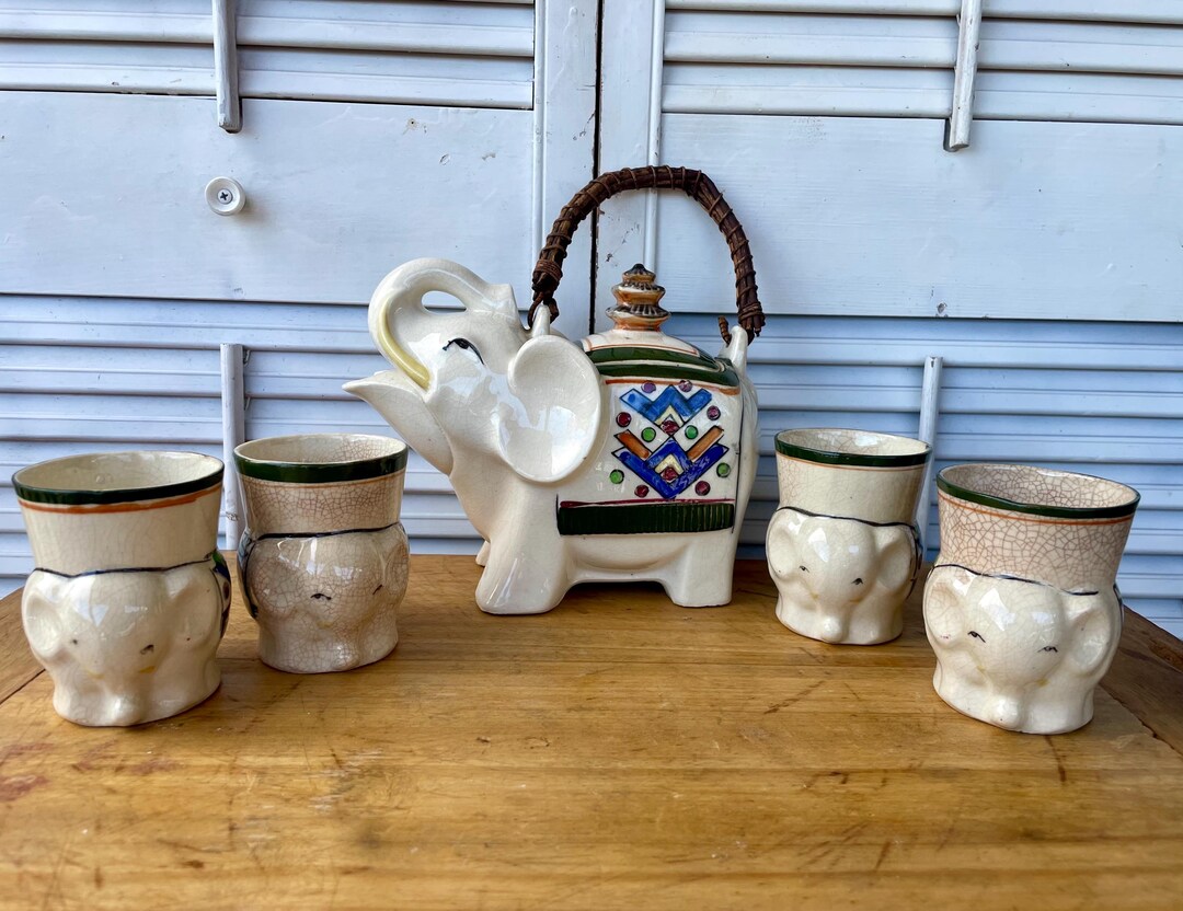 Rare Set of 5 Japanese Elephant Teapot and Four Cups, Pagoda, Vintage ...