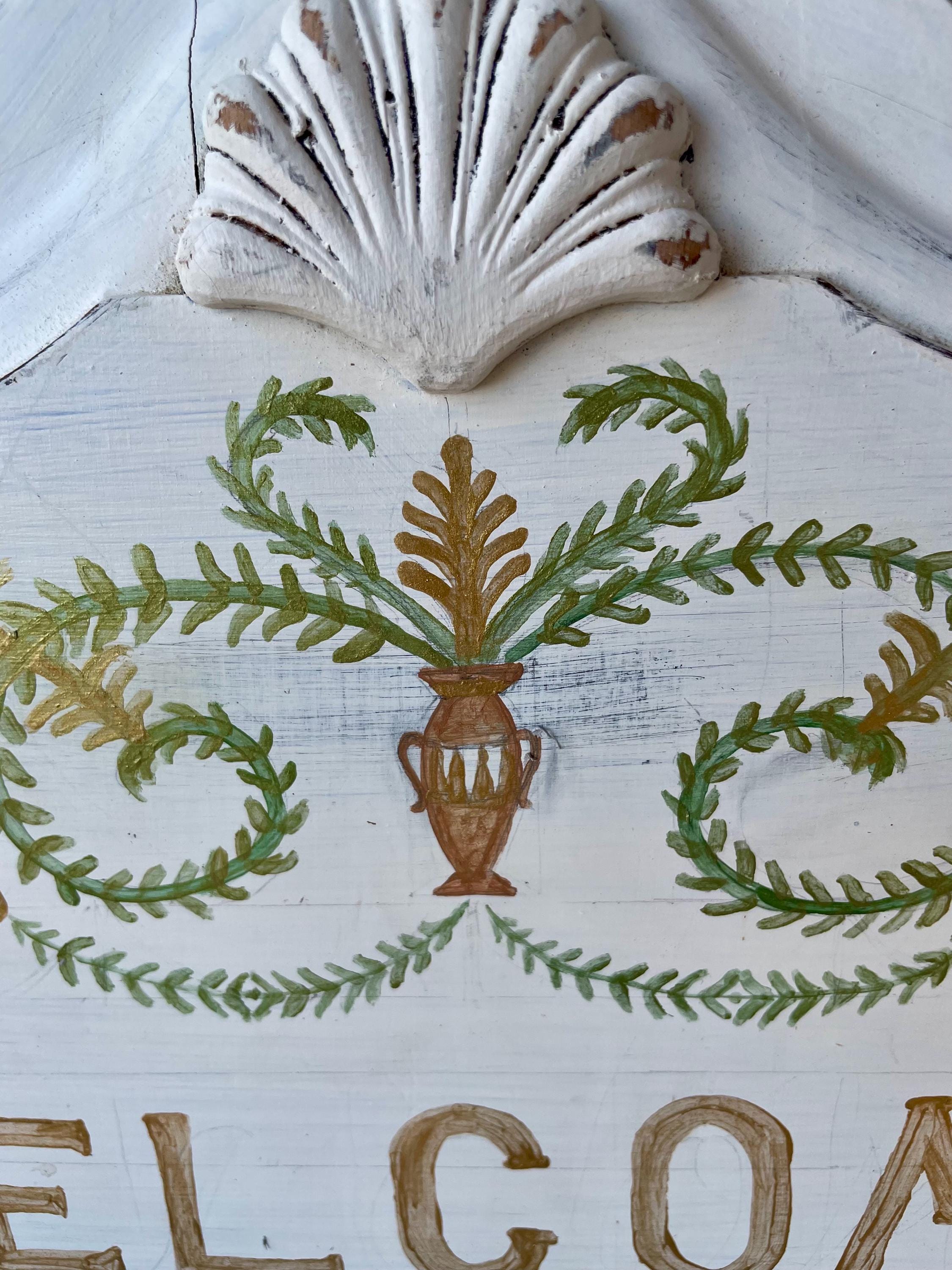 Wood Vintage Welcome Sign Hand Painted Leaner, White With Greens and ...