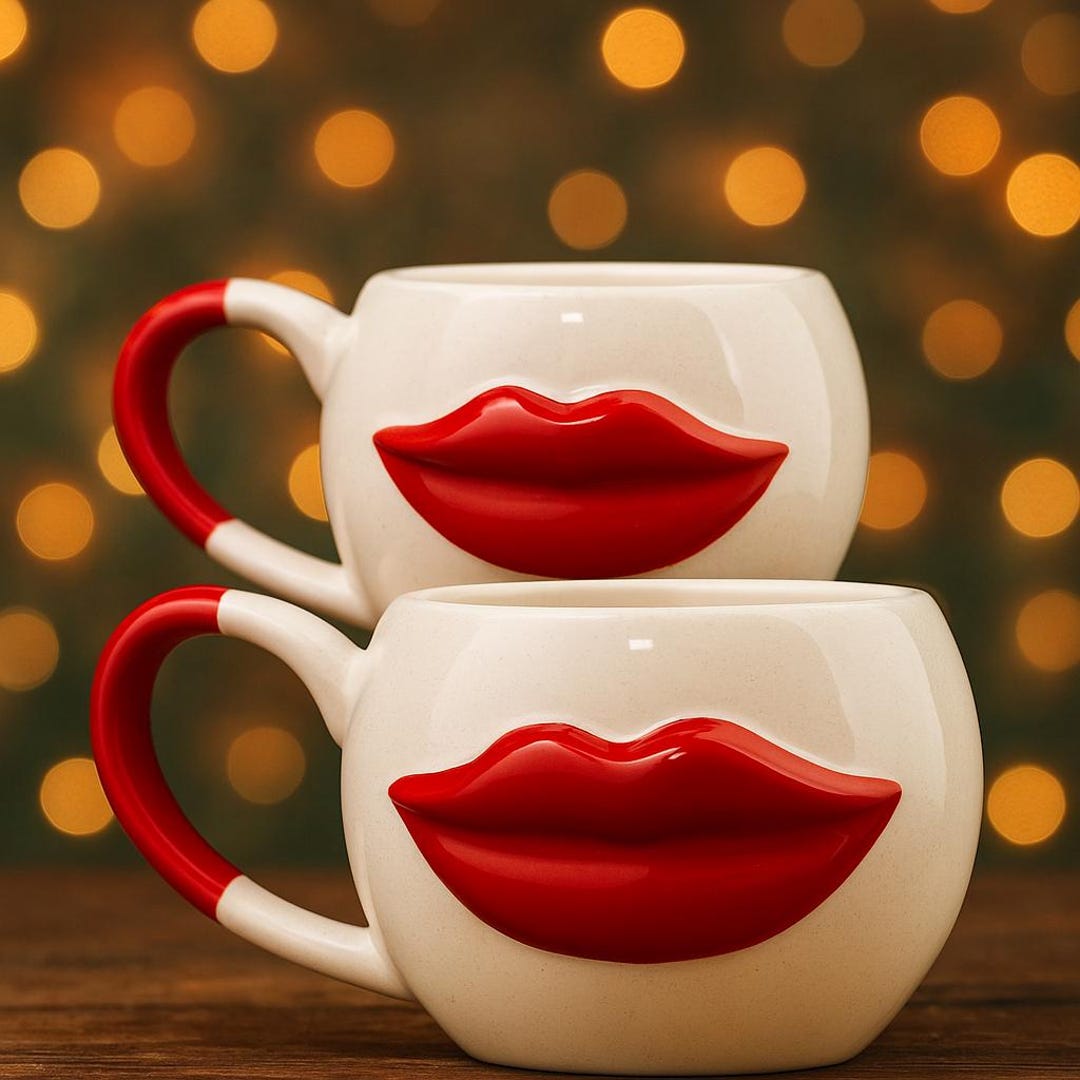 Set of 2 Handmade 3D Lip Mugs – 300ml Embossed Ceramic Cups – Bold ...