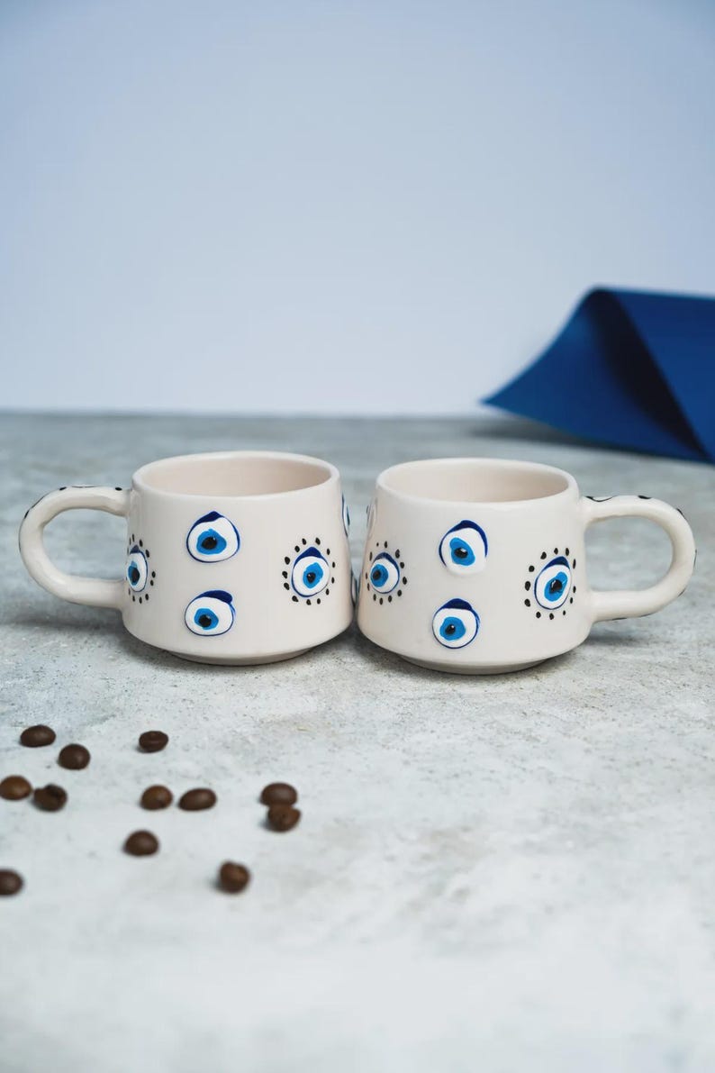 Handmade Evil Eye Mug Set of 2 – Ceramic Coffee Cups – Protective Blue ...