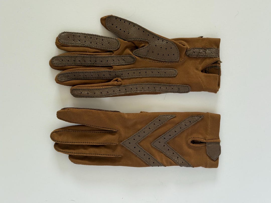 Vintage Driving Gloves, Brown Knit Fabric Gloves With Leather Palms - Etsy