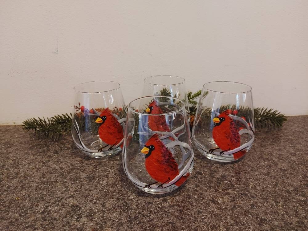 Cardinal Stemless Glasses, Painted Wine Glasses, Holiday Gift Ideas ...