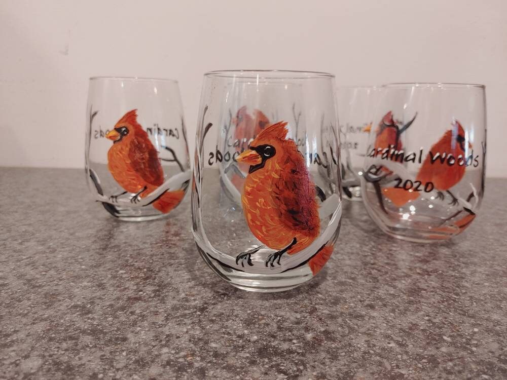 Cardinal Stemless Glasses, Painted Wine Glasses, Holiday Gift Ideas ...