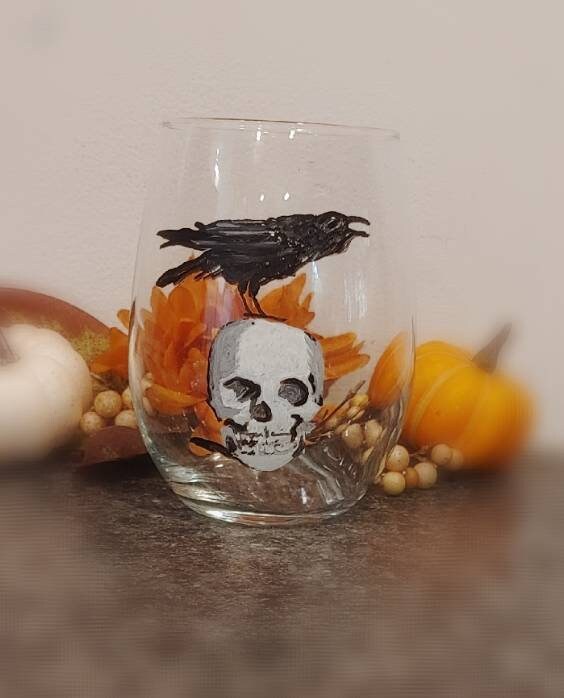 Skull and Raven Glass, Halloween Wine Glass, Fall Hand Painted Glass - Etsy