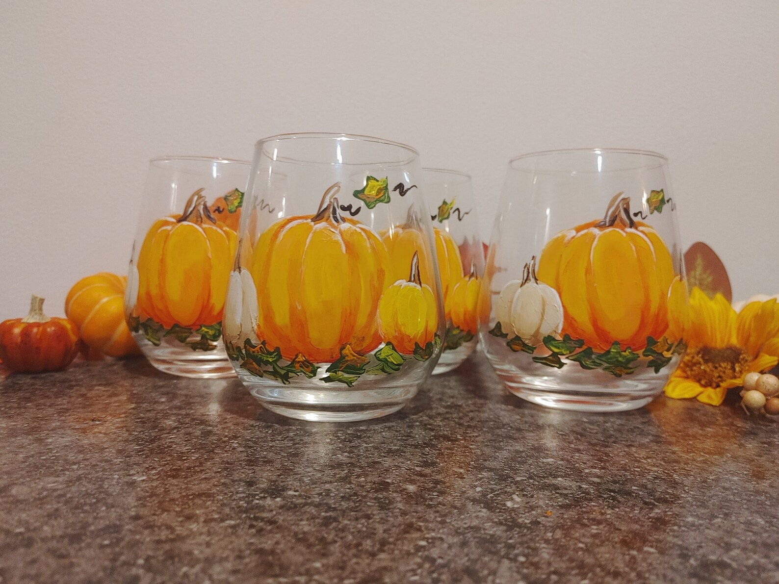 Fall Home Decor, Pumpkin Wine Glasses, Painted Wine Glasses, Autumn ...