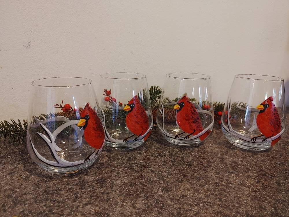 Cardinal Stemless Glasses, Painted Wine Glasses, Holiday Gift Ideas ...