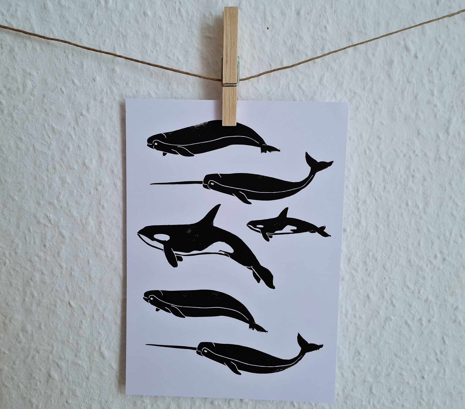 LINOLDRUCK Wale || A5 || Handgemachte Original Wandkunst || Meeresleben ...