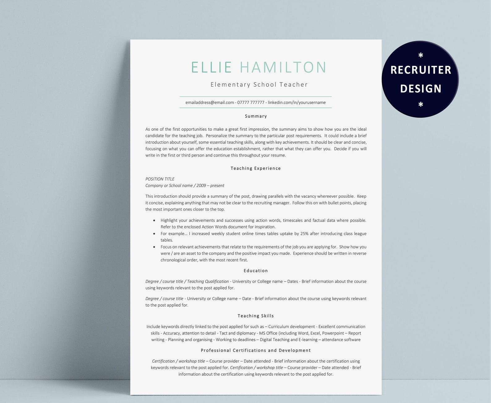 Teacher Resume Template Word, CV Teacher Curriculum Vitae, Teaching ...