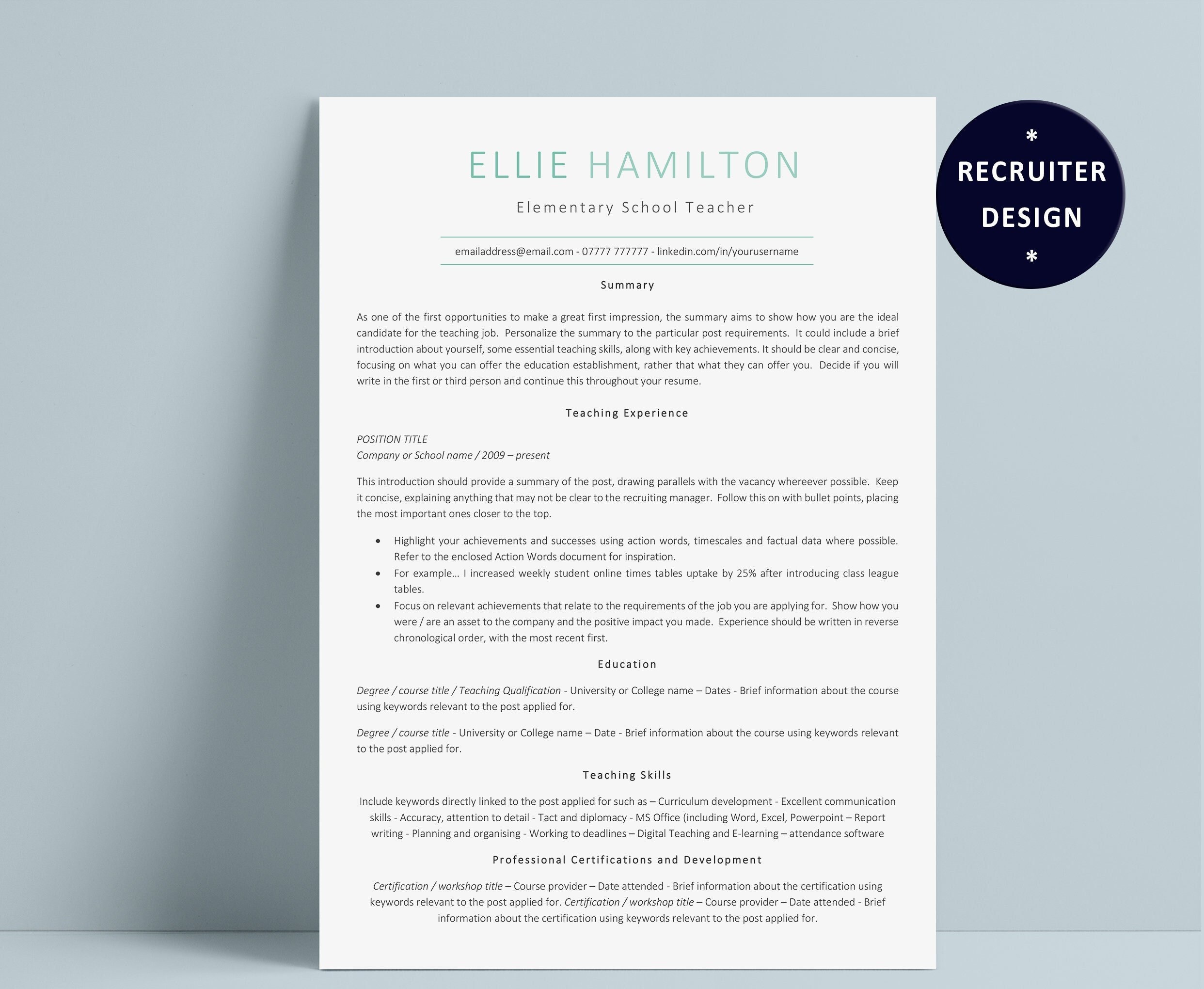 Teacher Resume Template Word, CV Teacher Curriculum Vitae, Teaching ...